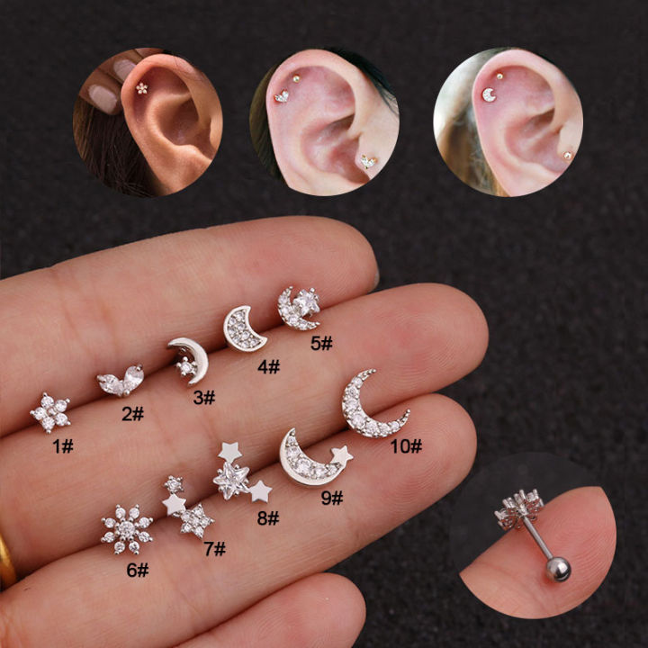 1Piece Stainless Steel Thin Rod Piercing Stud Earrings Zircon Ear Bone ...