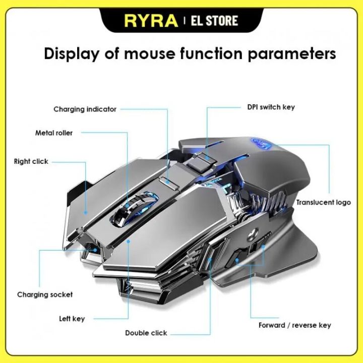 RYRA Metal Wireless Mouse 1600 DPI Rechargeable Photoelectric 2.4GHz 7 ...