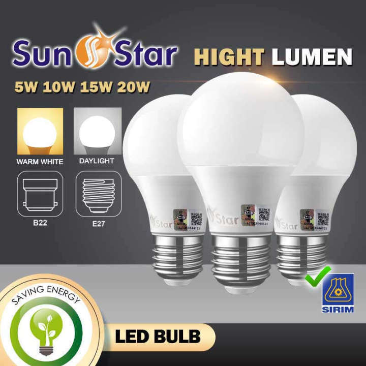 SIRIM SunStar LED E27 B22 5W 10W 15W 20W Energy Saving Super Bright Light Lampu Mentol 3000K ...