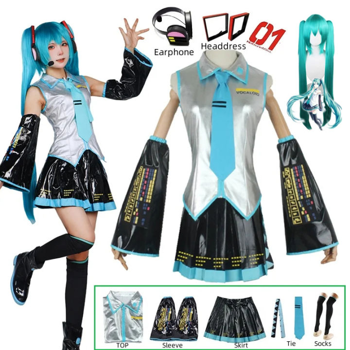 Miku Cosplay Full Set Silver Leather Fabric Suit Miku Cosplay Headwear ...