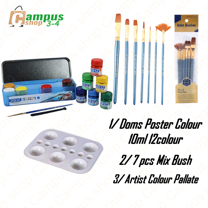 Doms Poster Colour 12 colour set, 7pcs Brush Set, 1pc Artist Square ...