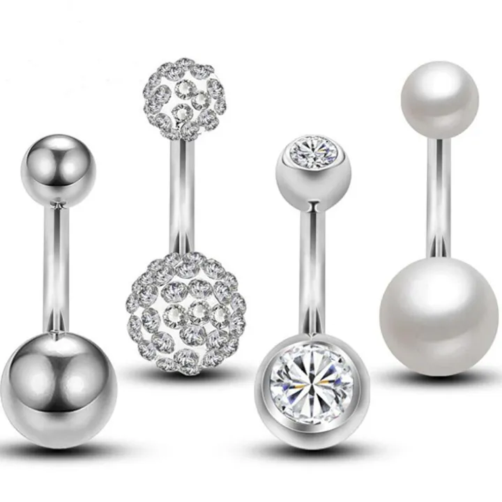 【Worldwide Delivery】 FahionApple 4Pc 14G Belly Button Ring Pearl Crytal ...