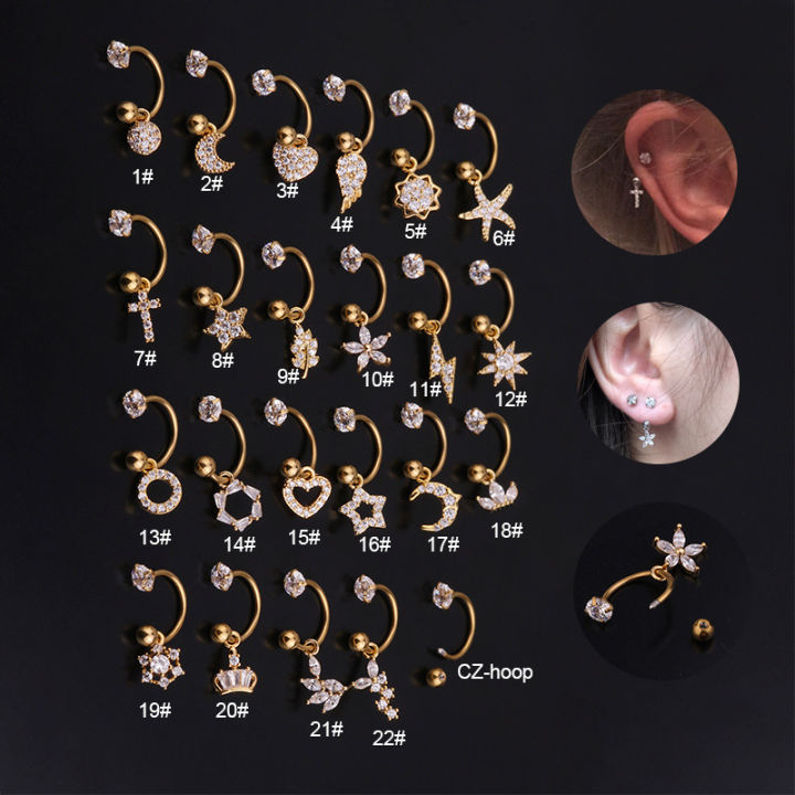 C Shape Stainless Steel Zircon Ear Nail Flower Moon Cartilage Helix ...