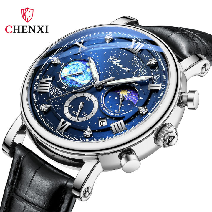 CHENXI Morning Sun, Moon, Stars, Multifunctional Fashion Men's Watch, Luminous Moon Phase ...