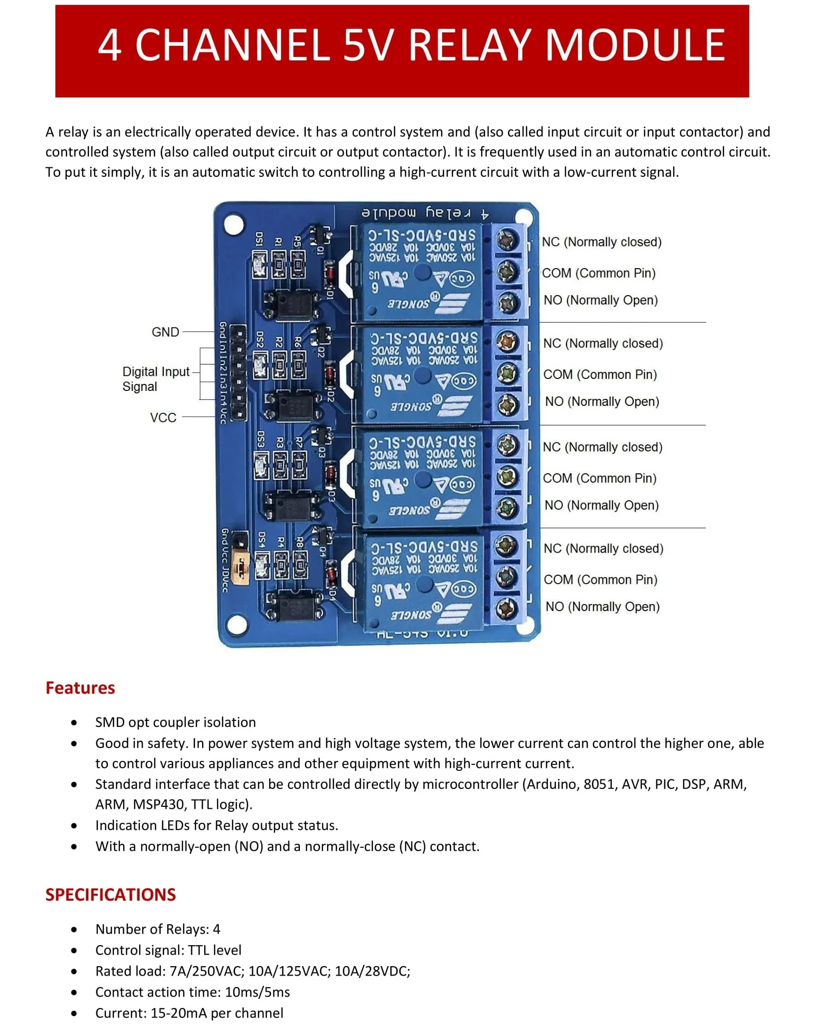Arduino 4 channel relay module 5V control board Relay Output 4way relay ...