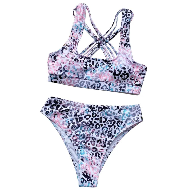 Ladies Summer Split Swimwear Set, Adults Women Leopard Print Tank Top ...