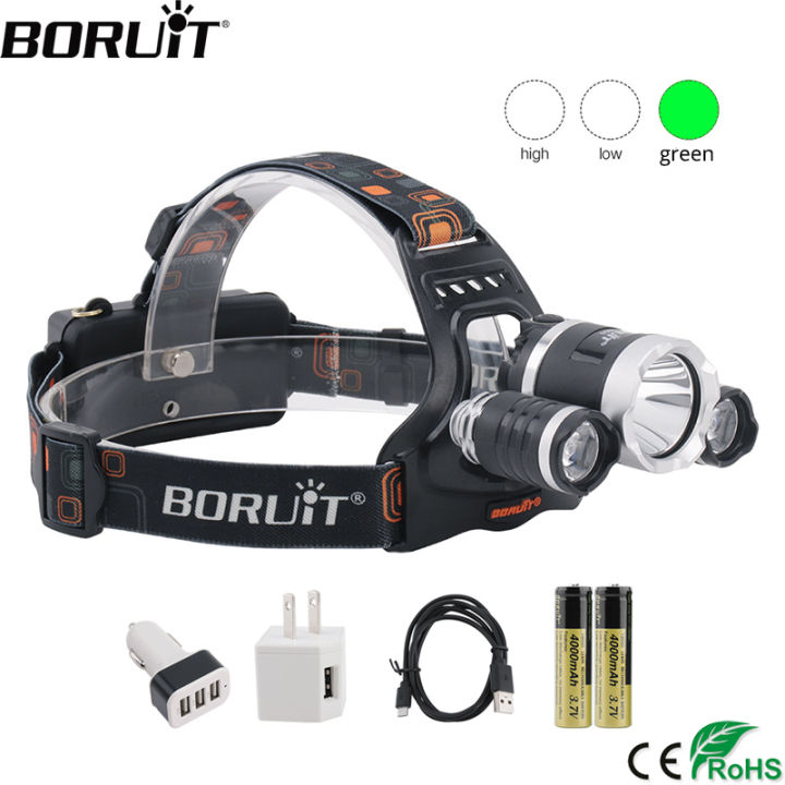 BORUiT RJ-3000 LED Headlamp with Green Light Ultra Bright 3000LM ...