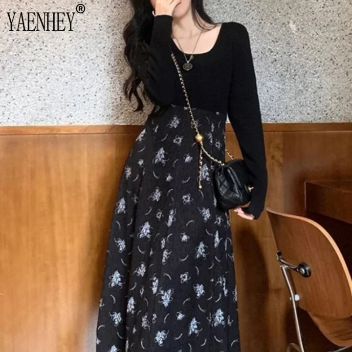 YAENHEY Vintage Knitting O-Neck Print Evening Wedding Dresses for Women ...