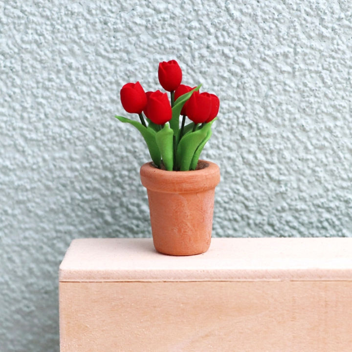 1:12 Dollhouse Miniature Red Tulip Potted Plant Pot Flower Home Garden ...