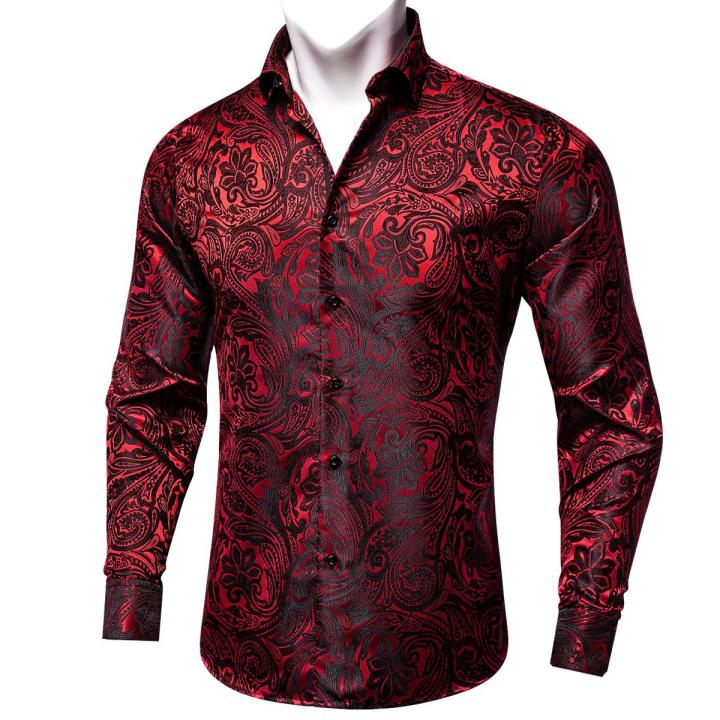 Red Floral Paisely Luxury Shirts For Man Club Wear Silk Men Shirt High ...