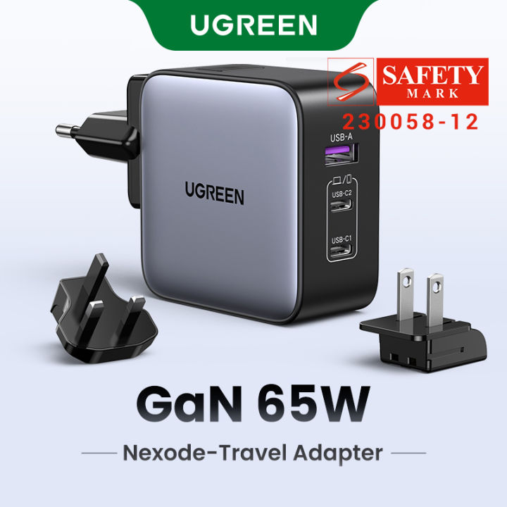 UGREEN GaN 65W Travel Adapter All-in-one Worldwide Travel Charger with 1 USB Ports and 2 Type C ...