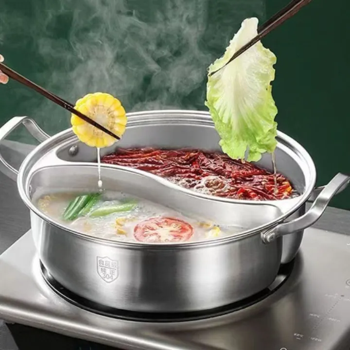 Cooking Pot Stainless Steel Divided Hot Pot with Glass Lid Thicken ...