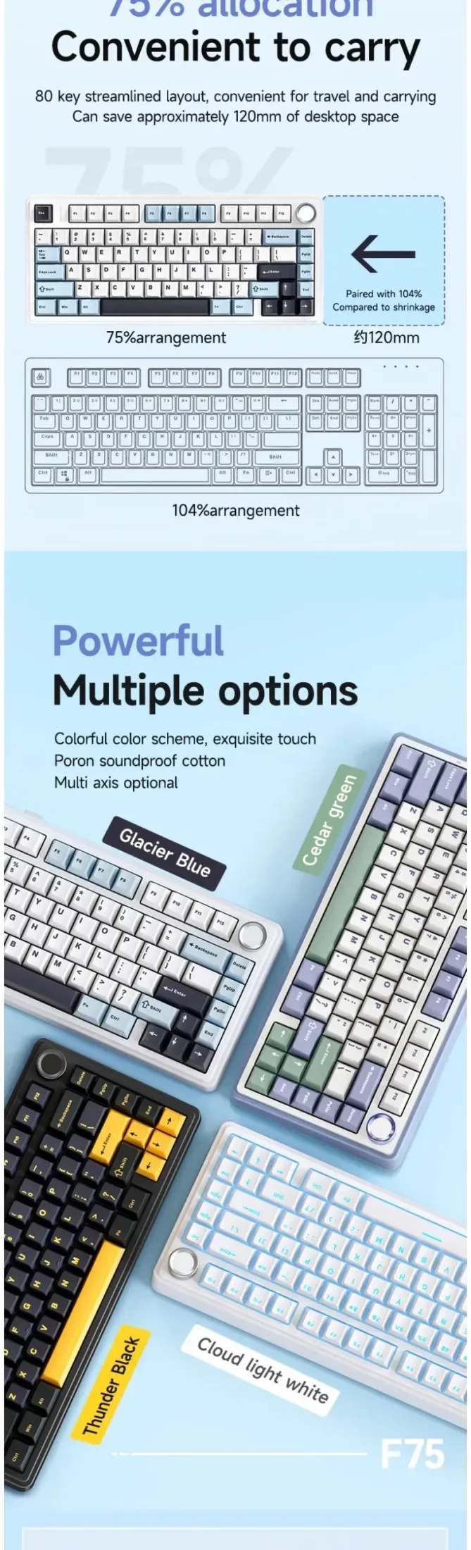 Aula F75 Cloud-Blue Mechanical Keyboard 75%,Gasket Structure Full-Key ...