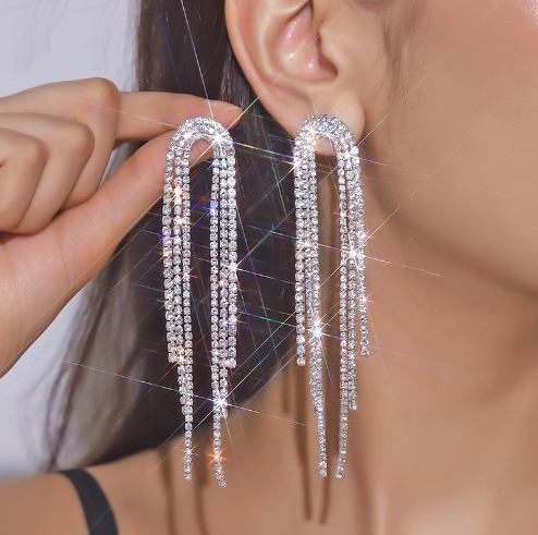 Fashion Long Full Rhinestone Big Earrings For Women Shining Tassel ...
