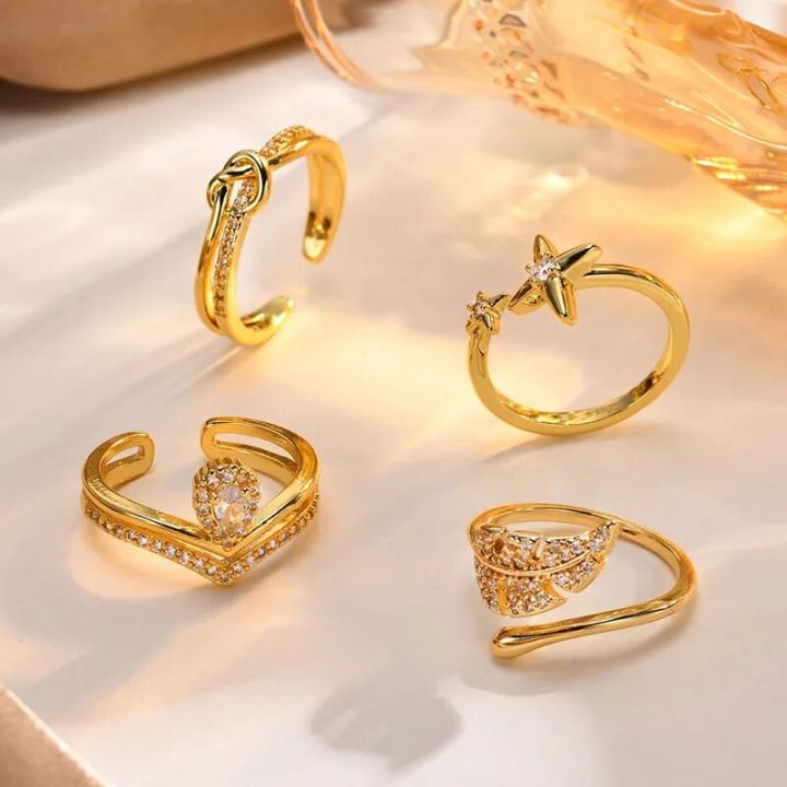 Women Trendy CZ Stone Statement Feather Metal Ring Resizable, Dainty ...