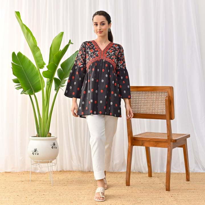 Black Sanganeri Print Tunic with Bell Sleeves TP-239 | Daraz.com.bd