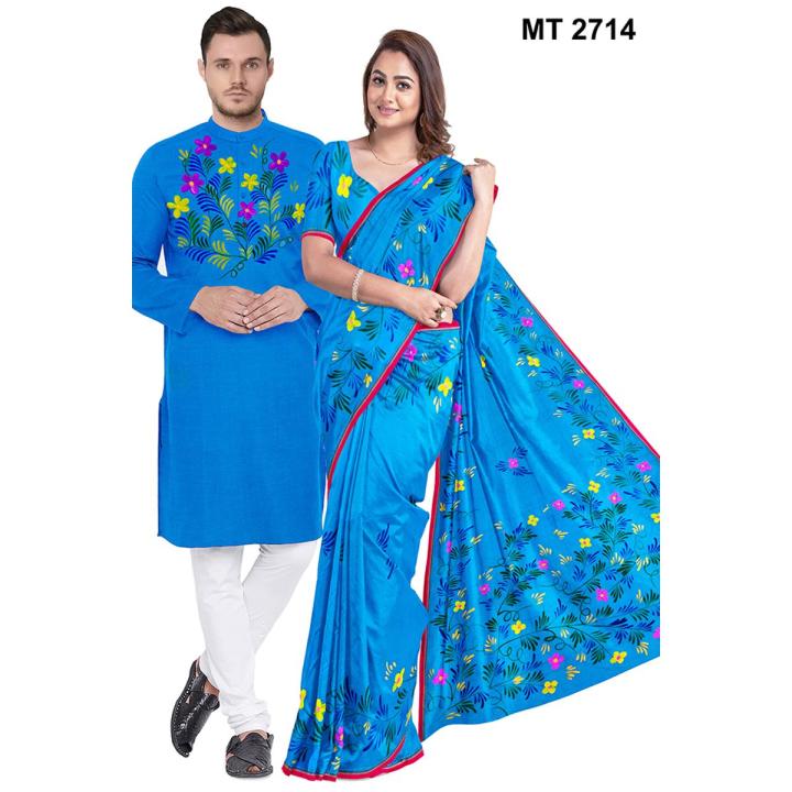 Multicolor Falgun Special Hand Paint Half Silk Saree & Cotton Panjabi ...