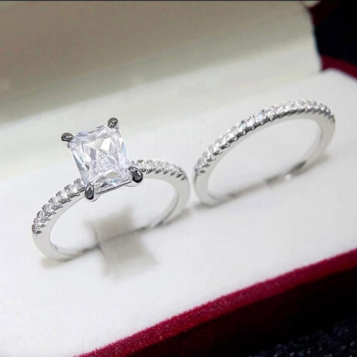 2 Pieces Simple Classic Square/Round Crystal Eternity Ring Set Cubic ...