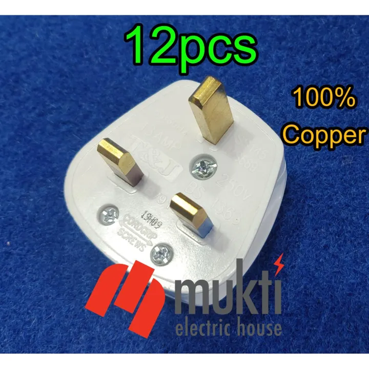 T&J Fused 12pcs 13A 3 Pin Flat Electrical Plug Premium Quality 100% Copper White Connector Cord ...