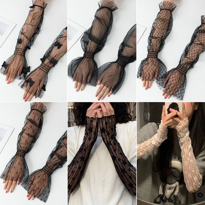 Long Lace Gloves Hollow-Out Fingerless Gloves Women Sun Protection ...