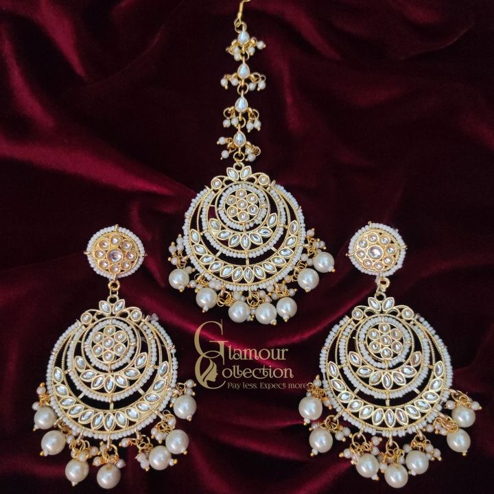 Gorgeous Joypuri Chandbali Earrings Tikli Sets with Beautiful Kundan ...