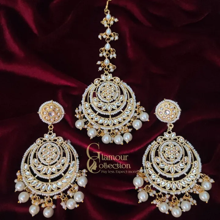 Gorgeous Joypuri Chandbali Earrings Tikli Sets with Beautiful Kundan ...