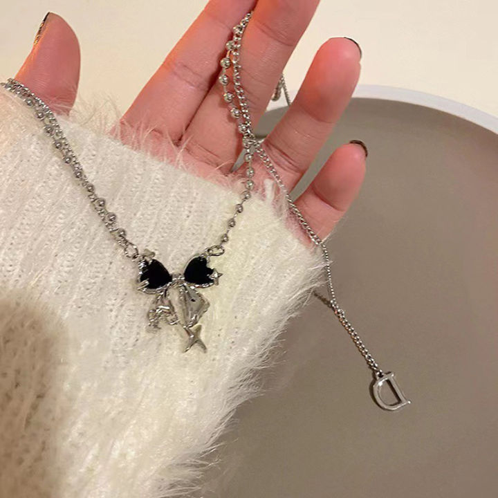 Y2K Accessories Fashion Bowknot Peach Heart Pendant Necklace Sweet Cool Clavicle Chain Aesthetic ...