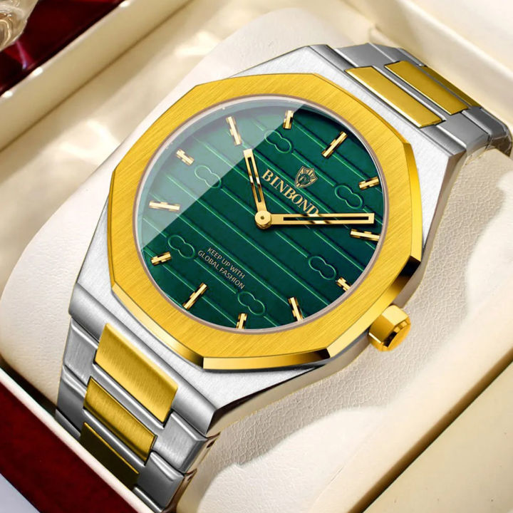 BINBOND 818 Golden Green | Brand Casual Men’s Quartz Watch Octagonal ...
