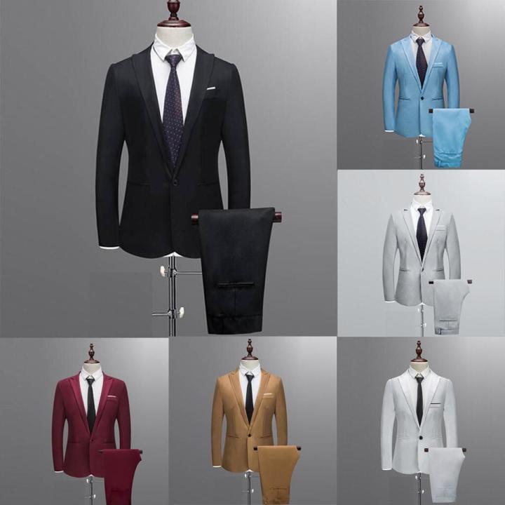 Mens Solid 2PCS Suit Male Lapel Slim Jacket Coat + Pants For 2021 ...