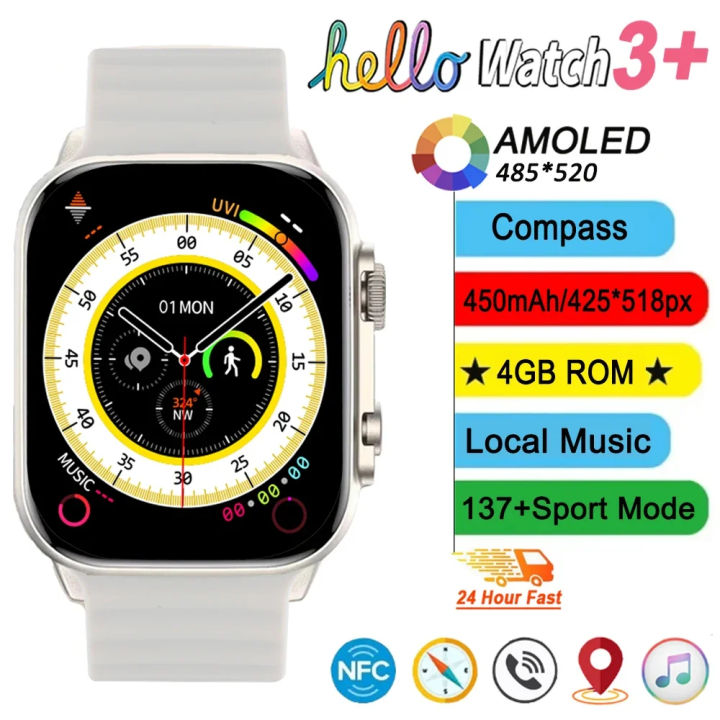 Official Original Hello Clock 3 Plus Smartwatch 2024 Ultra HD AMOLED 4G ROM NFC Compass ...