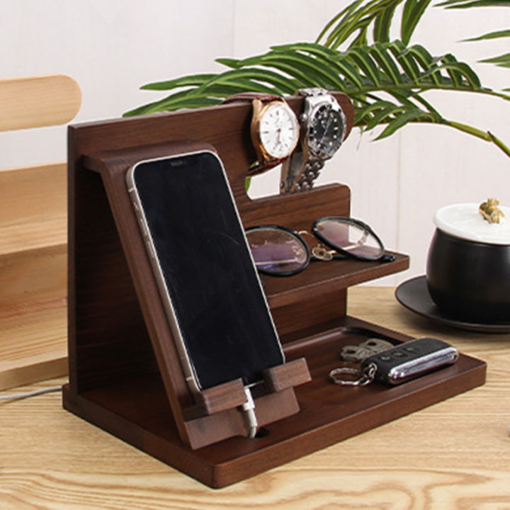 Bedside Organiser Wood Phone Docking Station Key Holder Wallet Stand ...