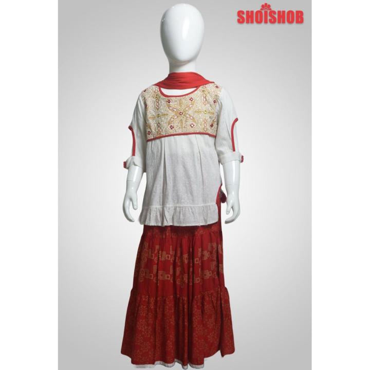 SHOISHOB BANGLADESH White Red & Golden Printed & Embroideried Cotton ...