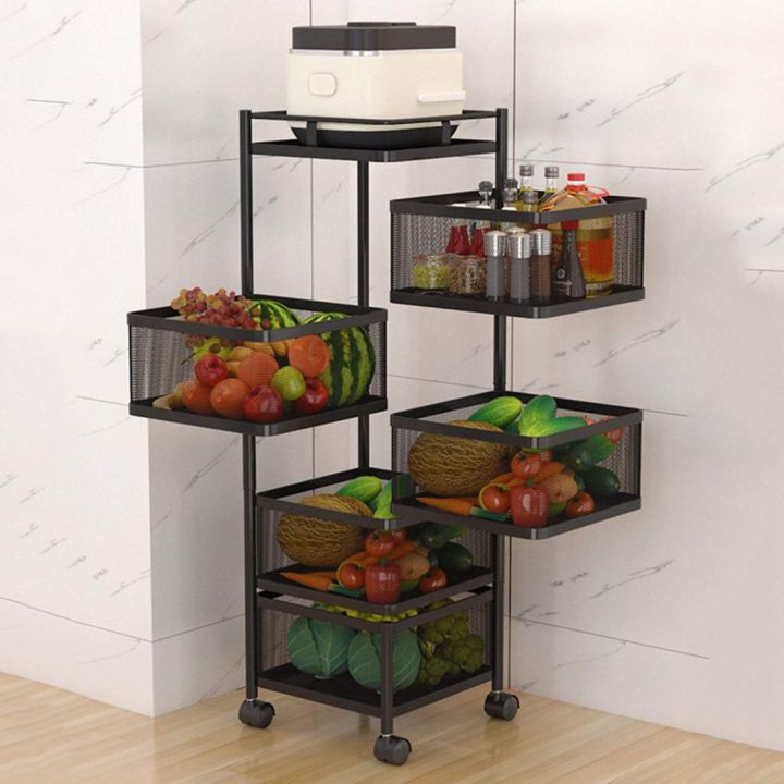 5-Layer 360° Rotating Kitchen Rack with Wheels | Metal Vegetable Fruit ...