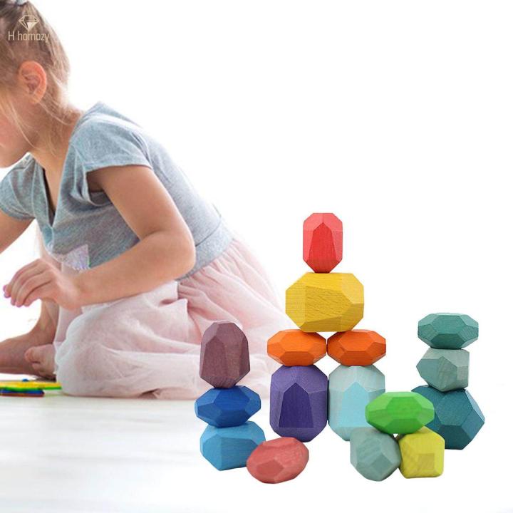 Wooden Sorting Stacking Balancing Stone Montessori Building Blocks ...
