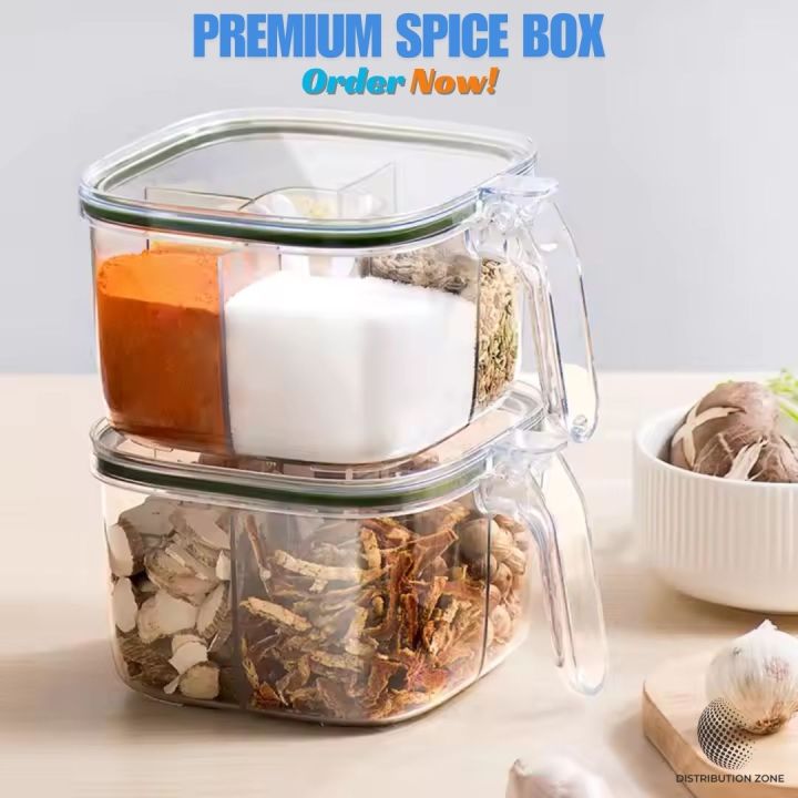 Multi Storage 4 Section Kitchen Spices Lid Box With Spoons pice Storage ...