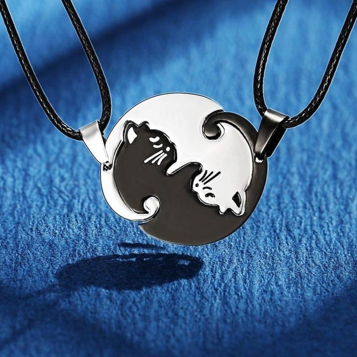 2 PieceCute Cat Stainless Steel Couple Necklace Black and White Kitten ...