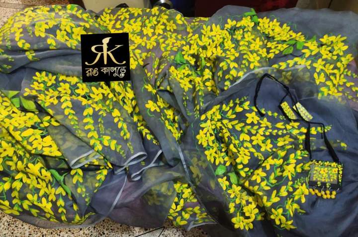 Exclusive Designer Hand Print Resom silk Saree / Resom suti Saree Super ...