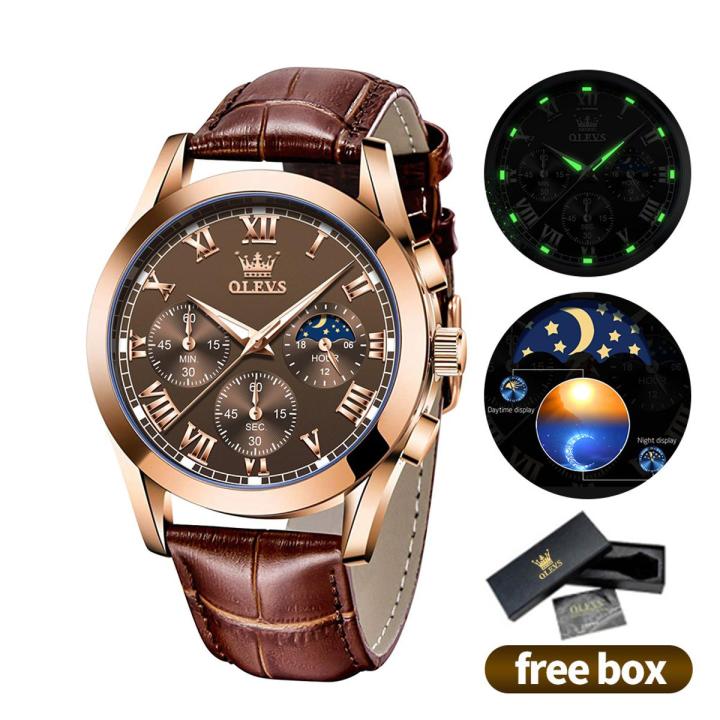 OLEVS Fashion Leather Watch for Men Waterproof Chronograph Quartz Clock ...