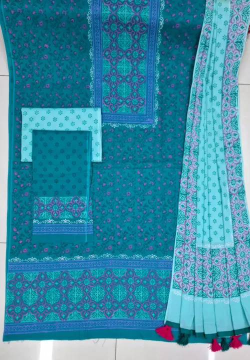 New Unstitched High Quality Cotton Block Print Three Piece For Women ...