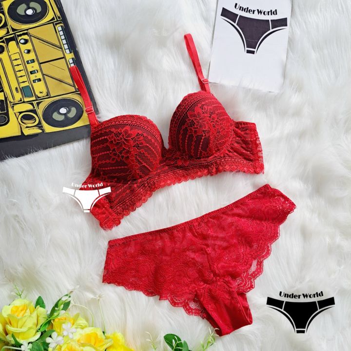 Red Push-Up Padded Bra & Panty Set for Women - Soft Comfortable ...