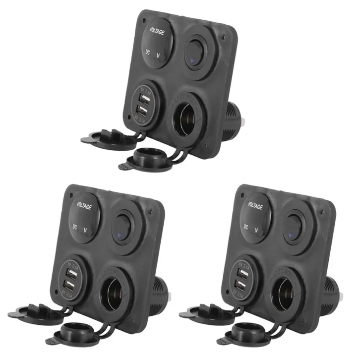 3X 4 Function Panel Dual USB Charger Green LED Volt 12V Power Outlet ON ...