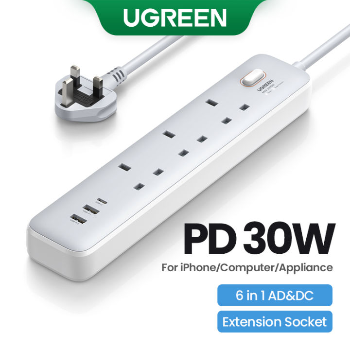 UGREEN 30W Extension Socket Fast Charger UK Plug with 3 AC Outlets 2 ...