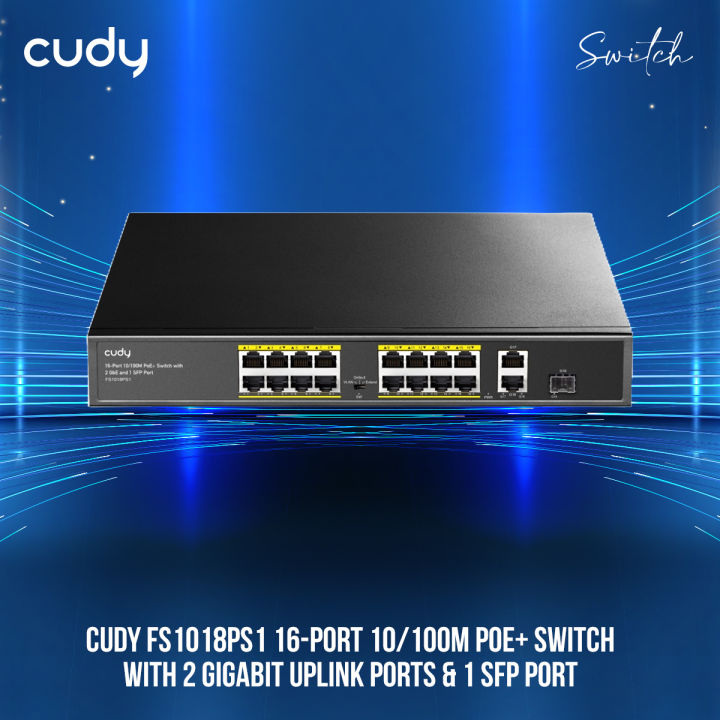 Cudy FS1018PS1 16-Port 10/100M PoE+ Switch with 2 Gigabit Uplink Ports ...