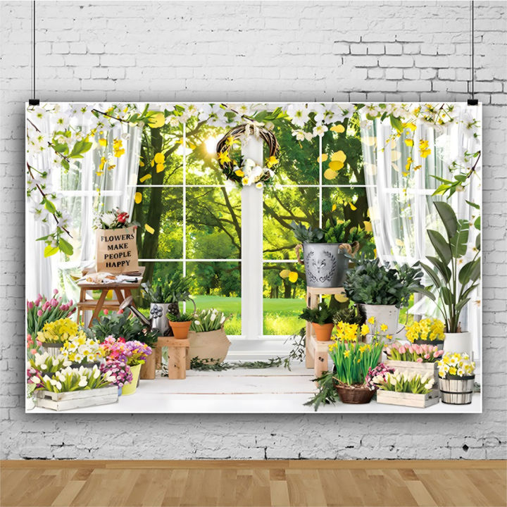 Laeacco Spring Garden Photography Backdrop Window Sill Flowers Grass ...