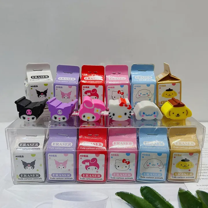 6PCS Mini Erasers for Kids Sanrio Eraser Milk Box Kuromi Melody Rubber ...