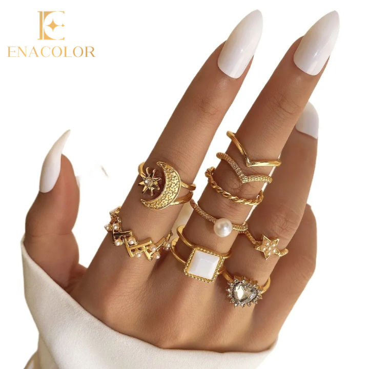 Enacolor 9Pcs/Set Vintage Geometry Square Heart Moon Star Crystal Pearl Ring Set for Women ...