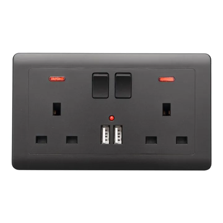 Double Wall UK Plug Socket 2 Gang 13A with 2 USB Charger Outlets, Black ...