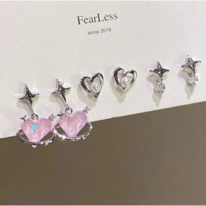 6pcs/set Women Silver Color Y2K Pink Crystal Heart Stud Earring Korean ...