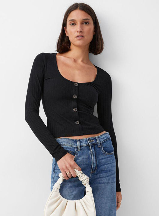show button crop top for women black color rib fabric material tops ...