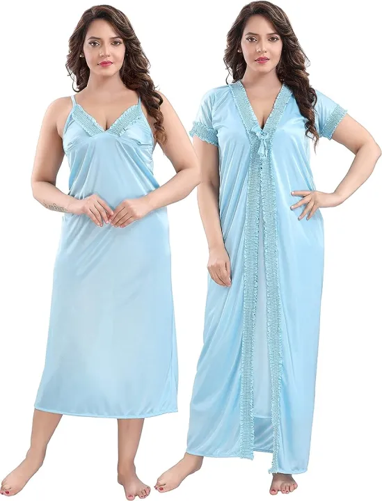 leep in Style with Women's 2-Part Long Solid Night Dress Set A ...